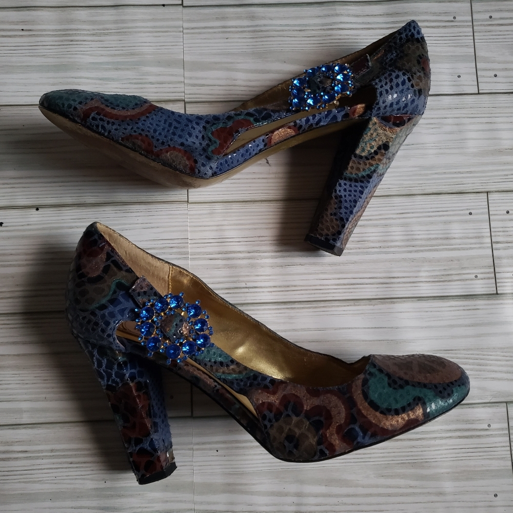 Hale Bob Snake Embossed Jeweled Heels - Gem